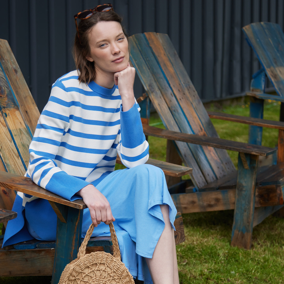 Blue Stripe Crew Neck Jumper | Meadows & Byrne
