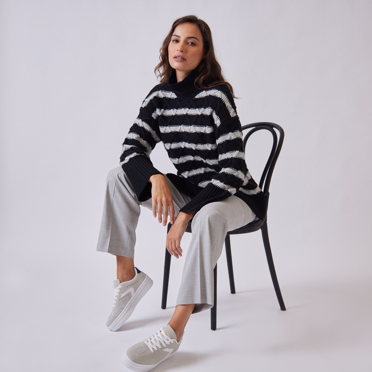Lorna Diamond Stripe Turtleneck Jumper - Black/Grey | Meadows & Byrne