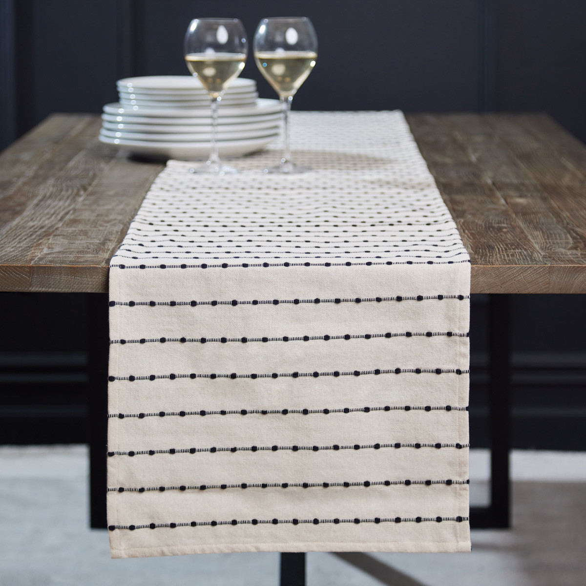 Natural Black Stripe Embroidery Runner | Meadows & Byrne