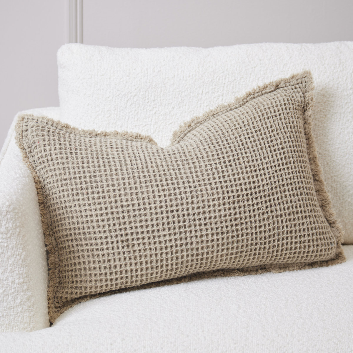 Beige Waffle Cushion with Frayed Edge | Meadows & Byrne