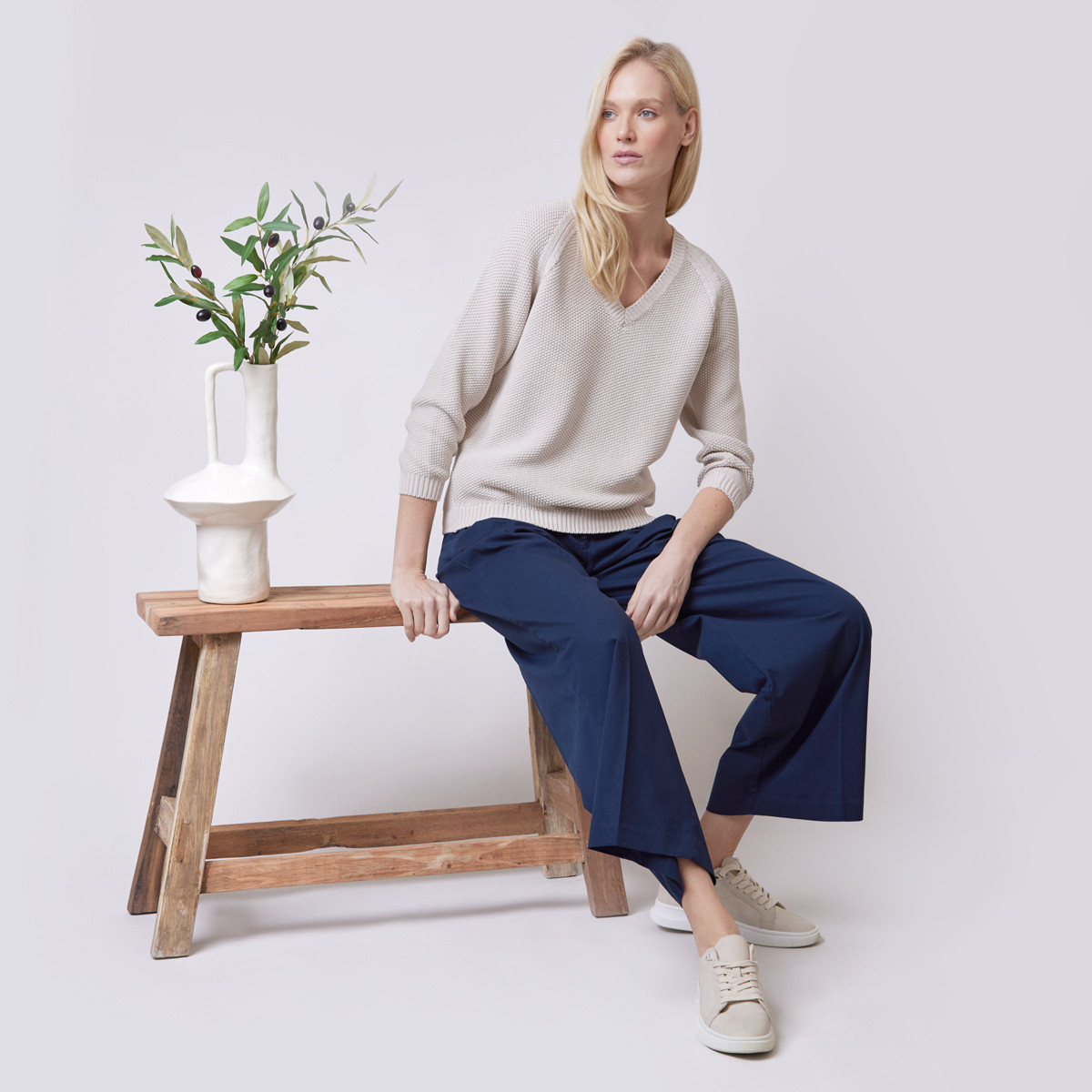 Ruby V-Neck Cotton Jumper – Beige | Meadows & Byrne