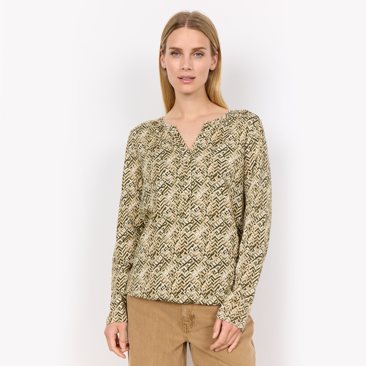 Felicity Herringbone Print Top - Olive | Meadows & Byrne